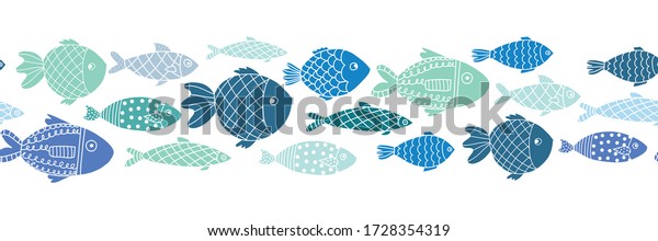 Peces azules bordes vectoriales sin fisuras. Dibujo de la línea del ...