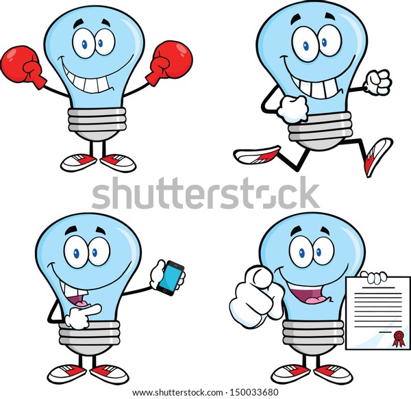 Blue Light Bulb Cartoon Characters Set Stock Vector (Royalty Free ...