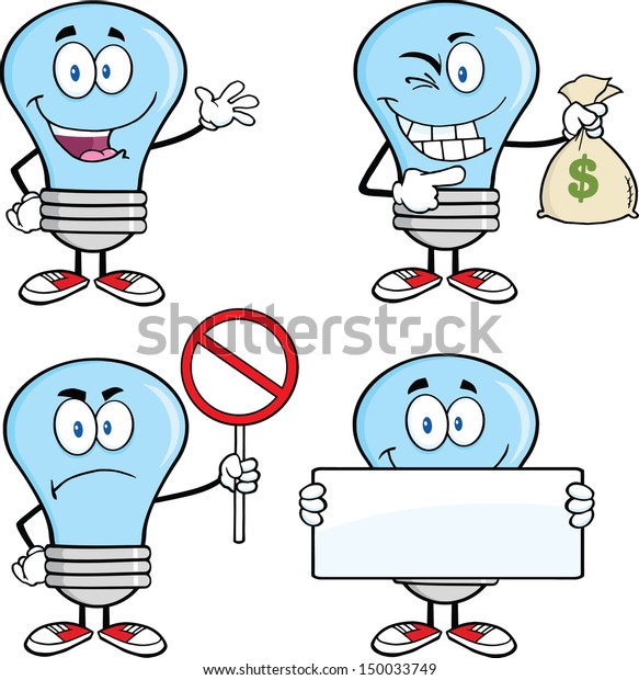 Blue Light Bulb Cartoon Characters Set Stock Vector (Royalty Free ...
