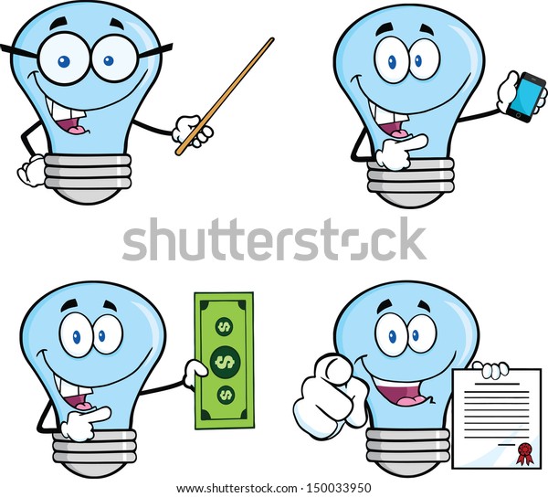 Blue Light Bulb Cartoon Characters Set Stock Vector (Royalty Free ...