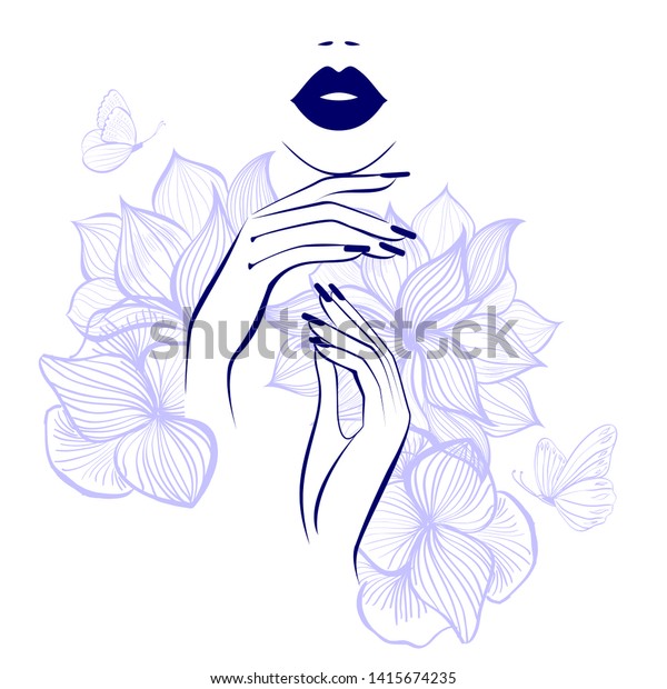 Blue lips, hand with blue manicure nails. Beauty Logo, nails art ...