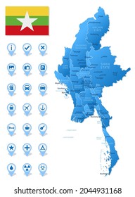 Blue Map Myanmar Administrative Divisions Travel Stock Vector (Royalty ...