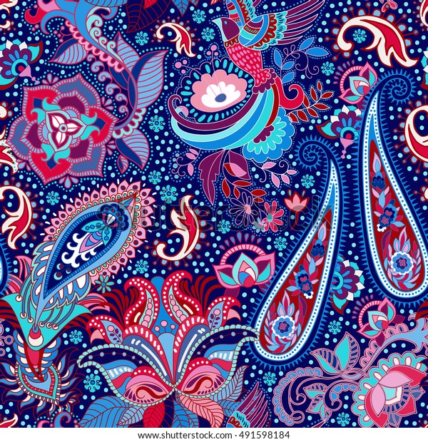 Blue Red Indian Seamless Pattern Paisley: เวกเตอร์สต็อก (ปลอดค่า ...