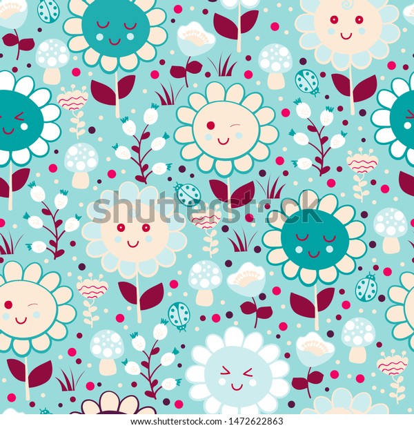 Blue Smiling Cartoon Flowers On Forest Stock Vector (Royalty Free ...