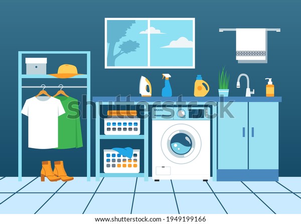 Blue Themed Laundry Room Flat Design Stock Vector (Royalty Free ...