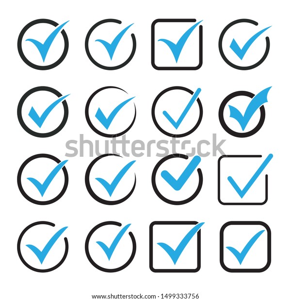 Blue tick icon vector symbol, checkmark isolated on white background