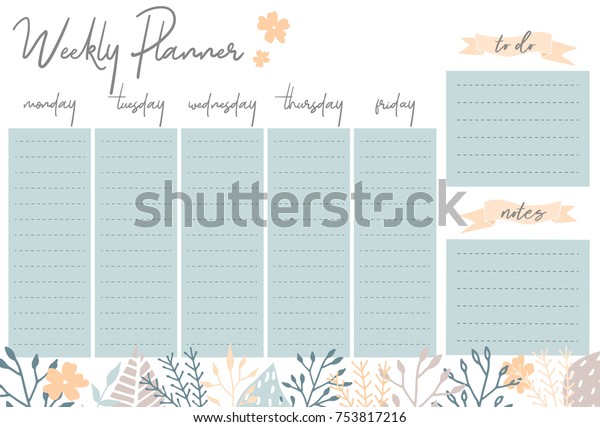 Blue Weekly Planner Yellow Blue Flowers 库存矢量图（免版税）753817216