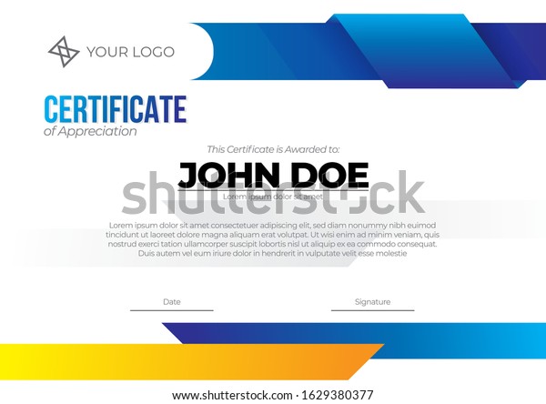 Blue Yellow Certificate Appreciation Design Template Stock Vector ...