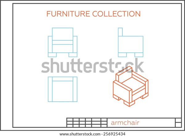 Blueprint of an armchair, vector. Front view, top view and side view ...