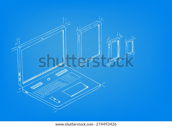 Blueprint concept artwork with Laptop, Tablet, mobile phones Editable ...