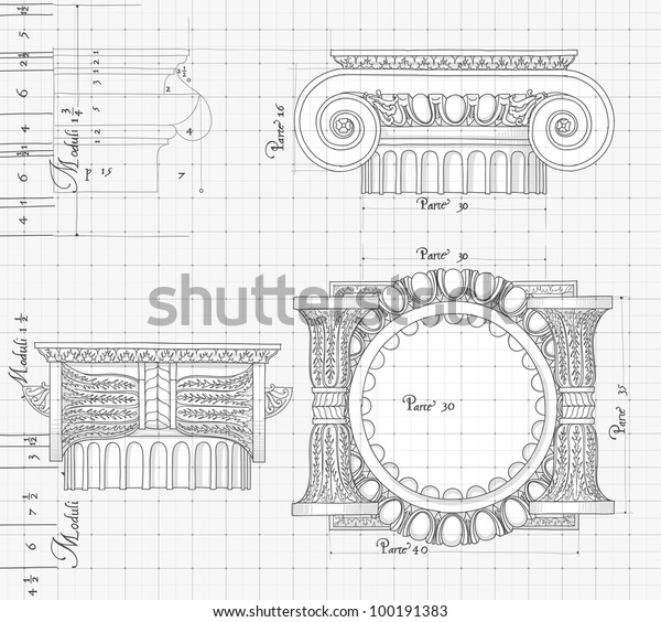 Blueprint Hand Draw Sketch Ionic Architectural Stock Vector (Royalty ...