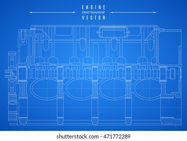 Technical Drawing Internal Combustion Engine Lengthwise Stock Vector ...