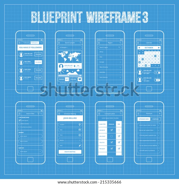 Blueprint Wireframe Mobile App Ui Kit Stock Vector (Royalty Free) 215335666