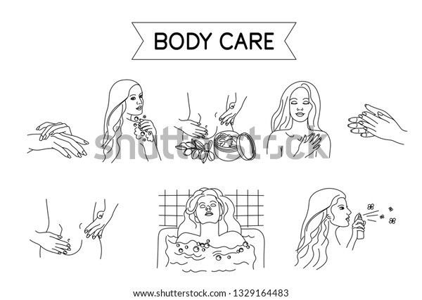 Body Care set for spa salon, eco cosmetics vector icons in sketch style ...