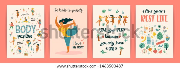 Body positive. Vector templates. Happy plus size girls and active ...