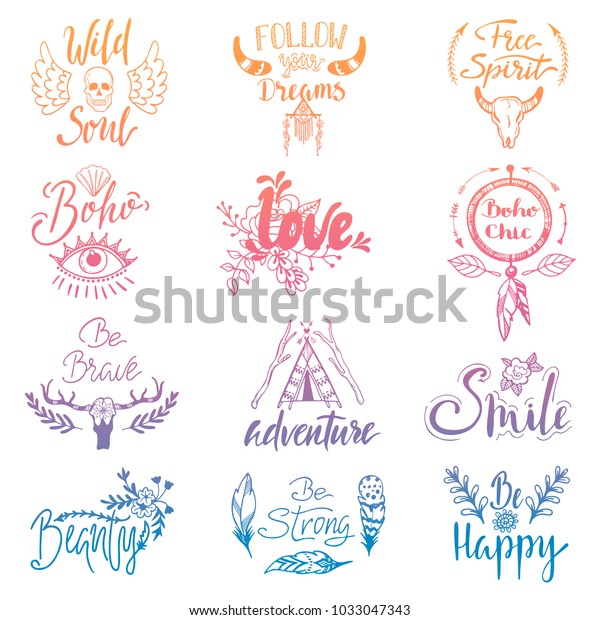 Boho lettering vector ethnic bohemian feather arrow sign and tribal ...