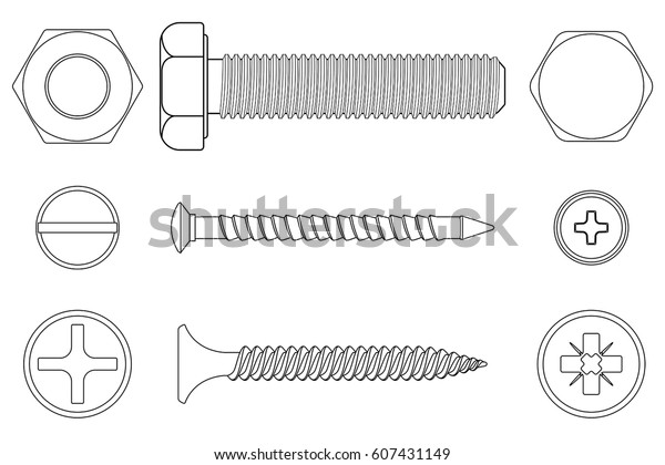 Bolt Screws Nut White Outline Icons Stock Vector (Royalty Free) 607431149