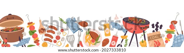 Border with BBQ party food. Long banner with barbecue grill, roasted ...