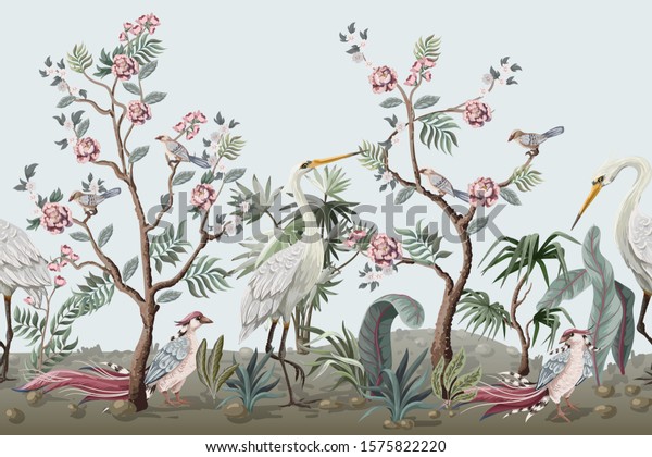Border Chinoiserie Style Storks Peonies Vector Stock Vector (Royalty ...