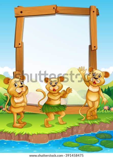 Vektor Stok Border Design Three Lions By River (Tanpa Royalti ...