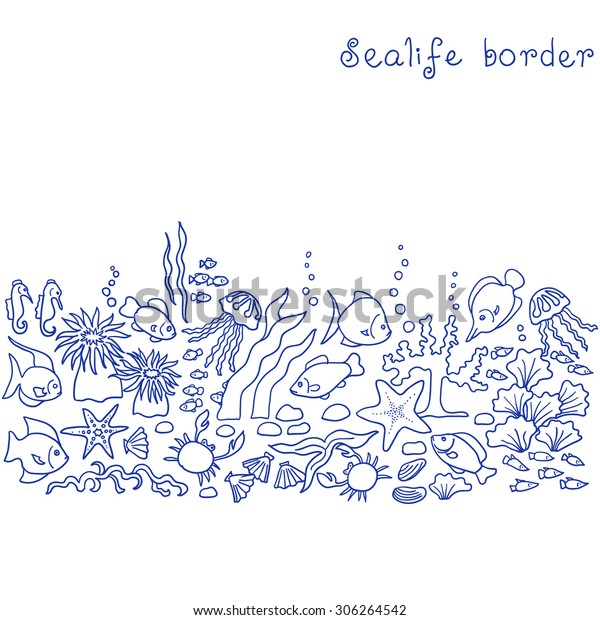 Border Various Sea Life Drawn Blue Stock Vector (Royalty Free) 306264542
