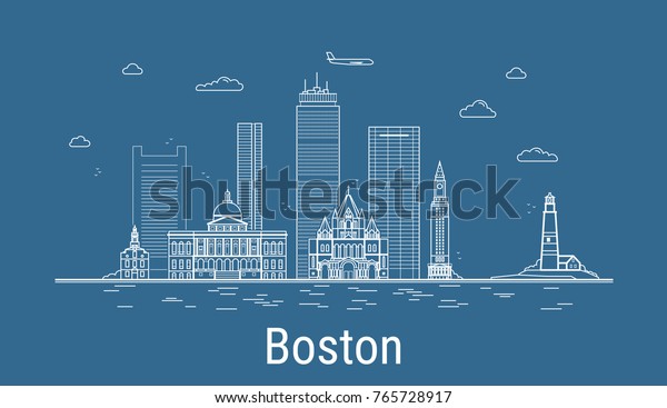 Boston city, Line Art Vector illustration with all famous buildings ...