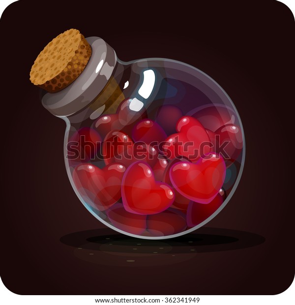 Bottle with red hearts. Game icon of magic elixir. Vector design for ...