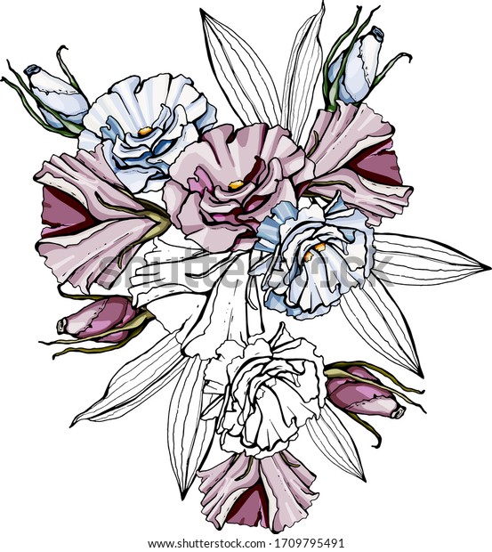 Bouquet Flowers Isolated Over White Background Stock Vector Royalty