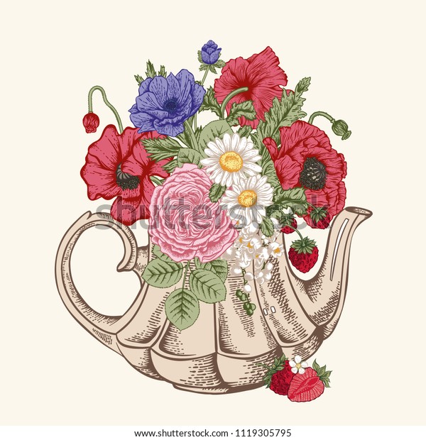 Bouquet Flowers Kettle Vector Illustration Stock Vector (Royalty Free ...