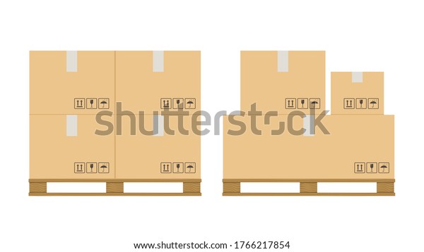Pallet de cajas. Cajón de cartón beige de caja cerrada con frágil ...