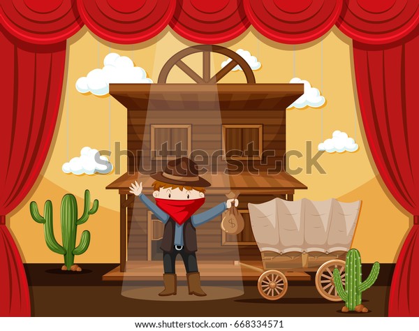 Boy Acting On Stage Cowboy Scene Stock Vector (Royalty Free) 668334571 ...
