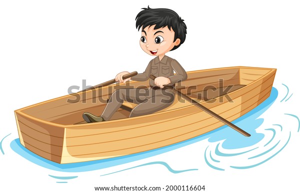 Boy Cartoon Character Rowing Boat Isolated: เวกเตอร์สต็อก (ปลอดค่า ...