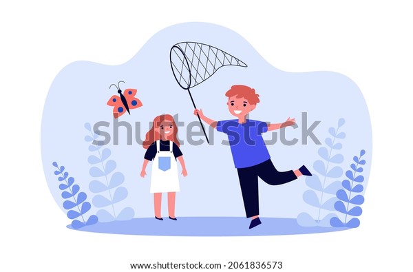 Boy Catching Flying Butterfly Net Cute Stock Vector (Royalty Free ...