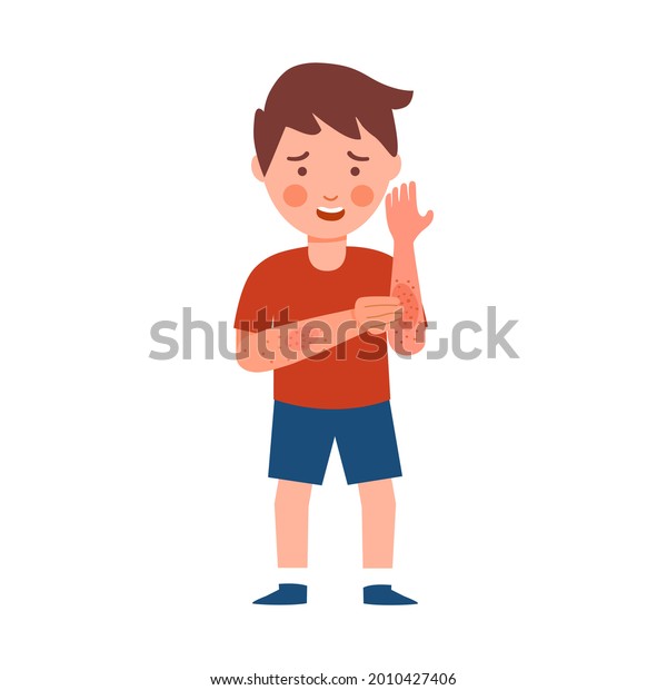 Boy children scratching arm. Kids suffering from strong allergy skin ...