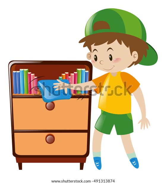 Boy Cleaning Shelf Full Books Illustration Stock Vector (Royalty Free ...