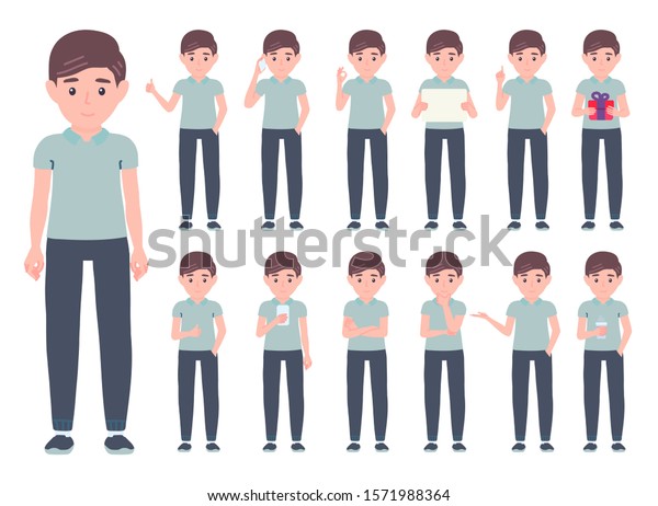 Boy in different poses set. Male character gestures, emotions in ...