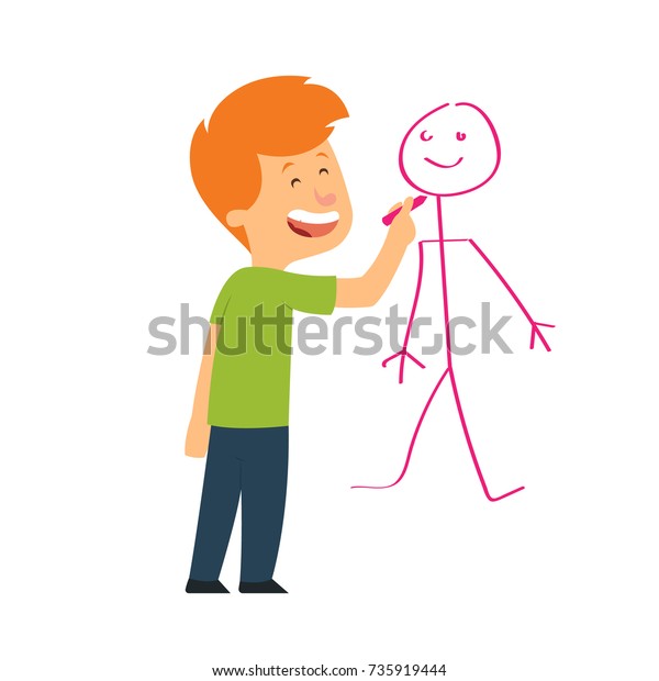 Boy Drawing Little Man On Wall Stock Vector (Royalty Free) 735919444