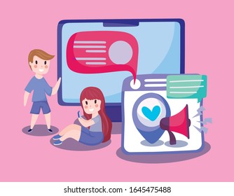 Vektor Stok Boy Girl Cartoon Computer Design Social (Tanpa Royalti ...