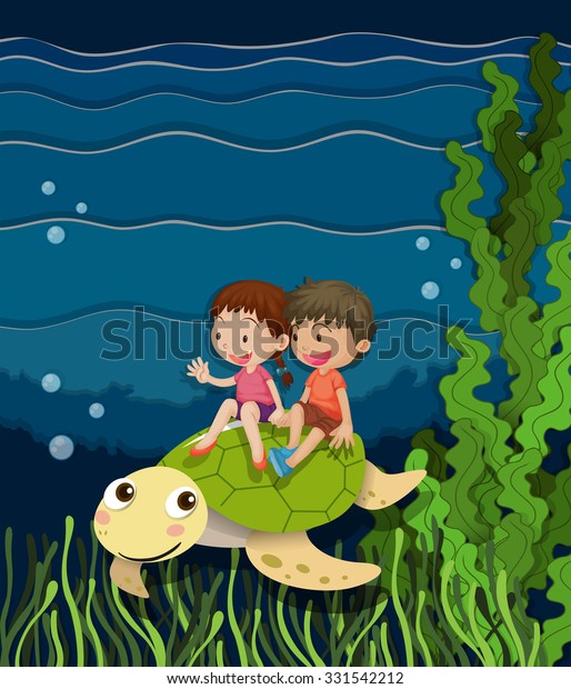 Boy Girl Riding On Turtle Underwater Stock Vector (Royalty Free) 331542212