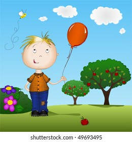 Boy Holding Balloon Outdoors On Spring Stock Vector (Royalty Free ...
