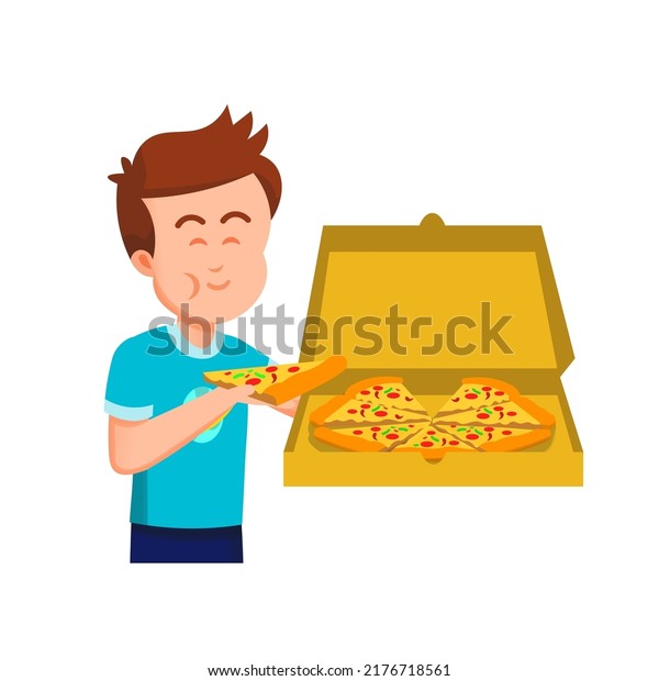 Boy Holding Pizza Box Eating Slice: เวกเตอร์สต็อก (ปลอดค่าลิขสิทธิ์ ...