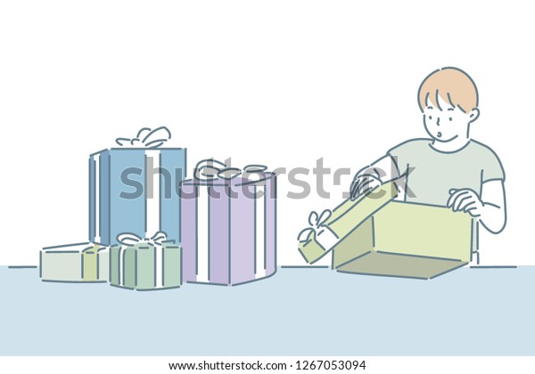 Boy Opening Gift Box Hand Drawn Stock Vector (Royalty Free) 1267053094