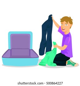 Boy Packing His Clothes Opened Suitcase Stock Vector (Royalty Free ...