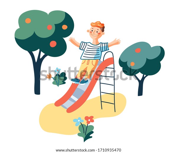 Boy Riding Slide Flat Illustration Little Stock Vector (Royalty Free ...