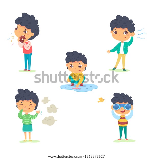 Boy showing five senses set. Sense of sight, touch, hear, smell, taste ...