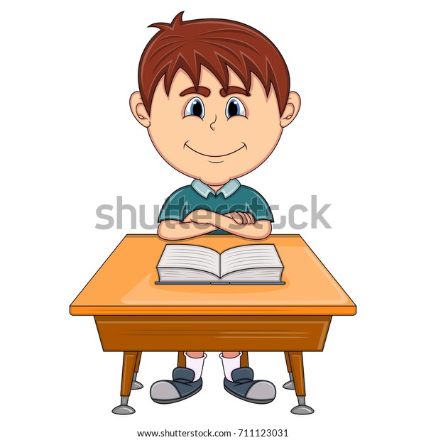 Boy Studying School Table Cartoon Vector 스톡 벡터(로열티 프리) 711123031