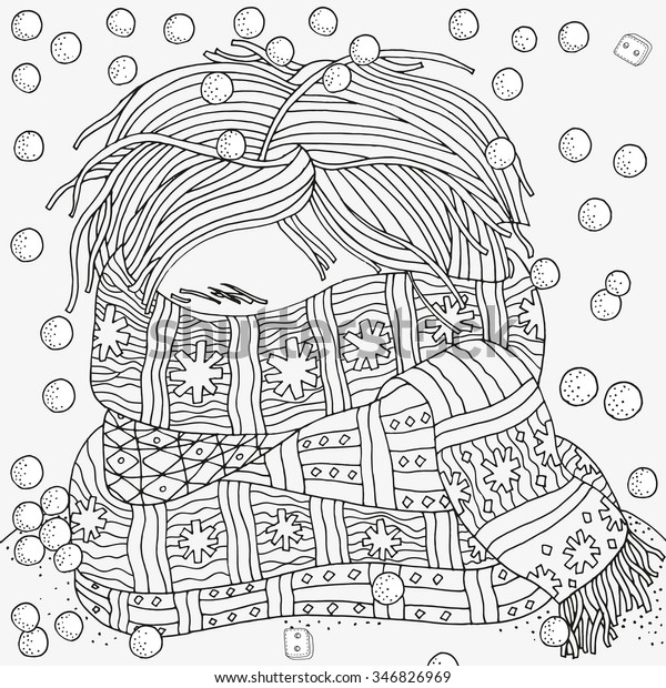 Boy with warm scarf. Winter, cold, snow. Pattern for coloring book ...