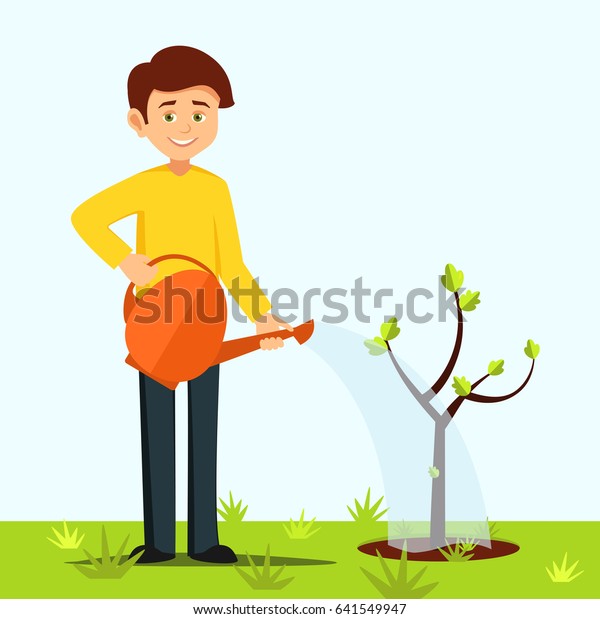 Boy Watering Tree Guy Watering Tree Stock Vector (Royalty Free ...