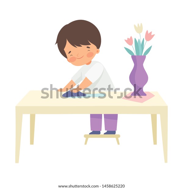 Boy Wiping Table Rag Kid Helping Stock Vector (Royalty Free) 1458625220