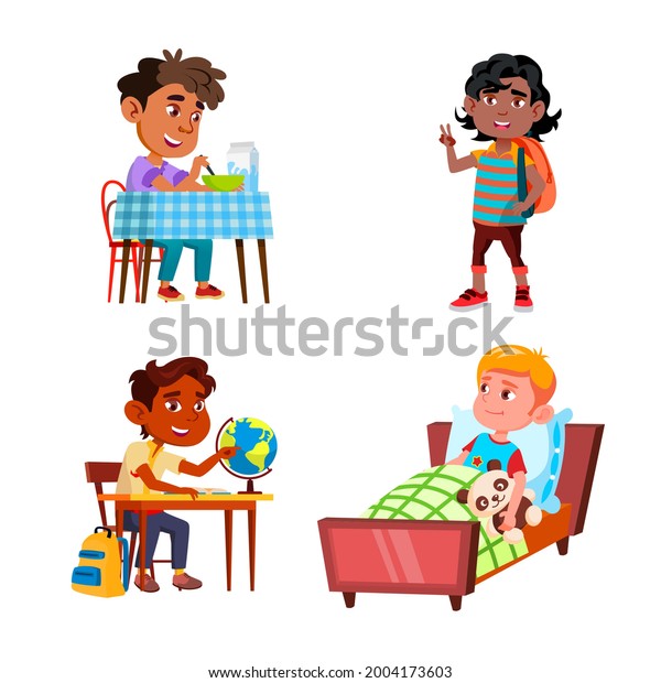 Boys Kids Doing Daily Routine Activity Stock Vector (Royalty Free ...